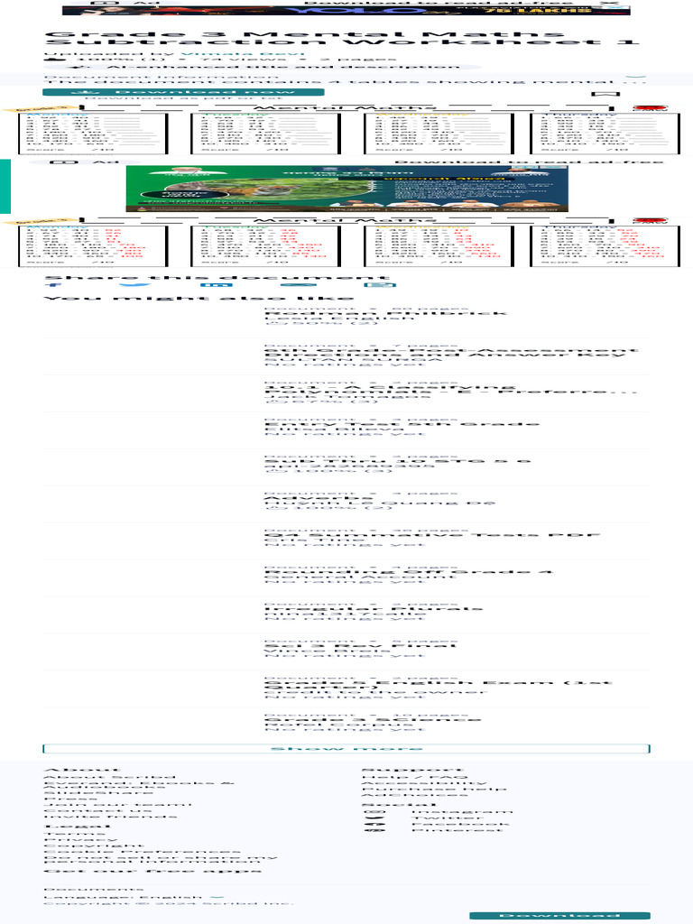 Grade 3 Mental Maths Subtraction Worksheet 1 PDF 3 | PDF | Online ...