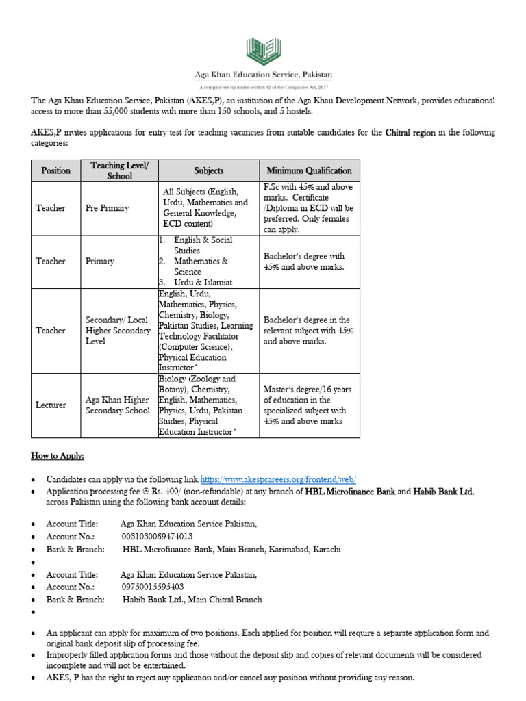 AKES,P Teaching Vacancies Chitral 2023 | PDF | Academic Degree