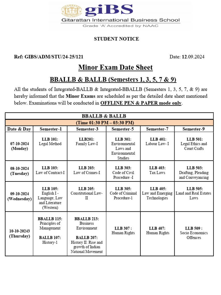 121-Minor Date Sheet BA LLB & BBA LLB (Sem-1, 3, 5, 7 & 9) | PDF | Sociology | Economics