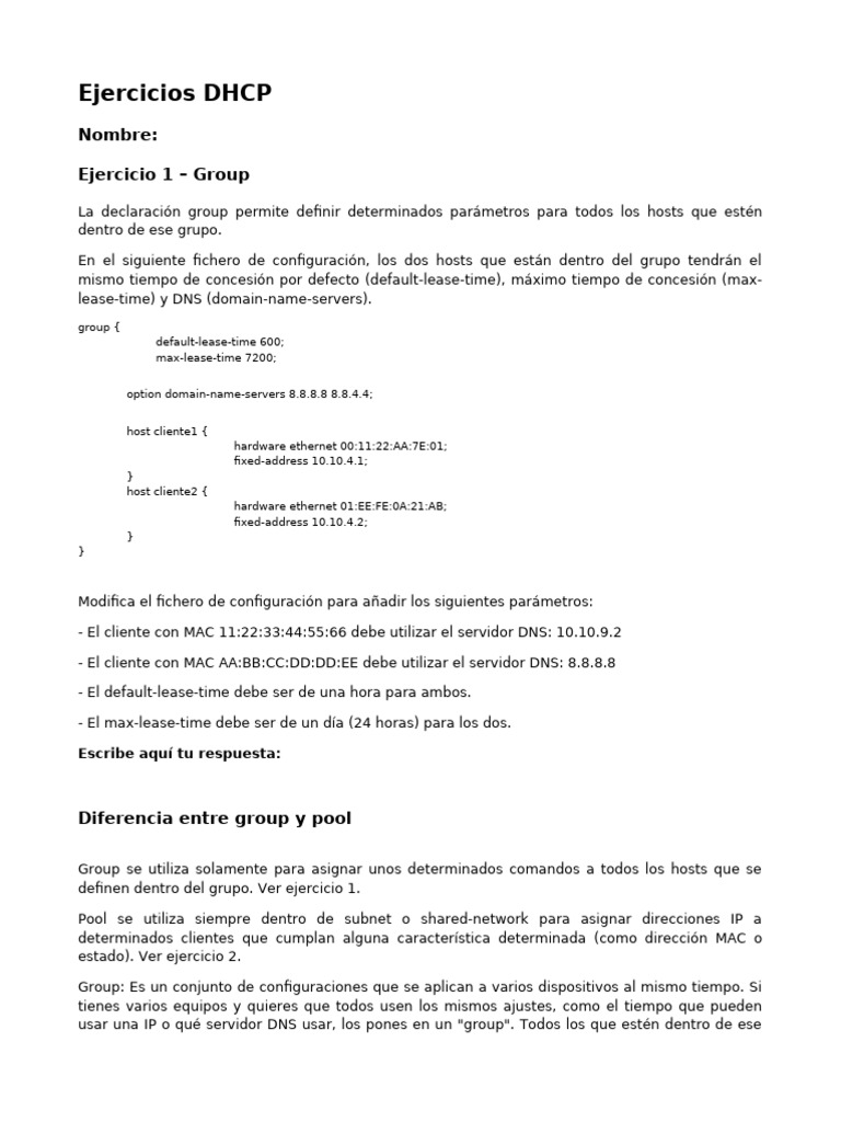Ejercicios de DHCP | PDF | Dirección IP | Protocolos de comunicaciones