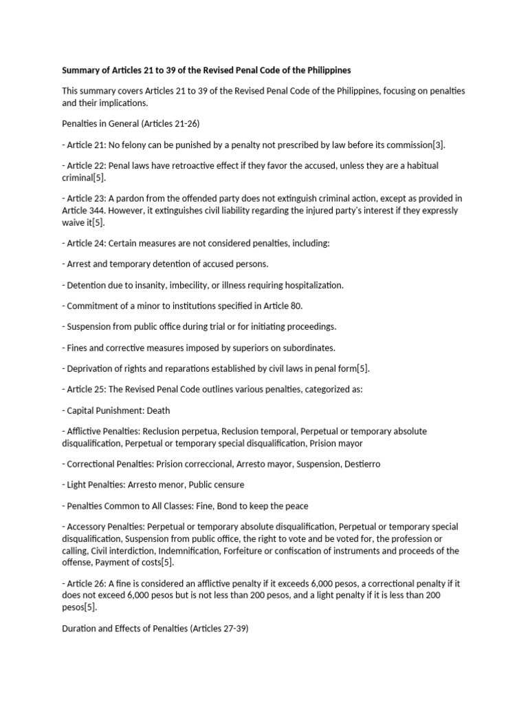 Summary of Article 21 RPC Penalties | PDF | Common Law | Public Law