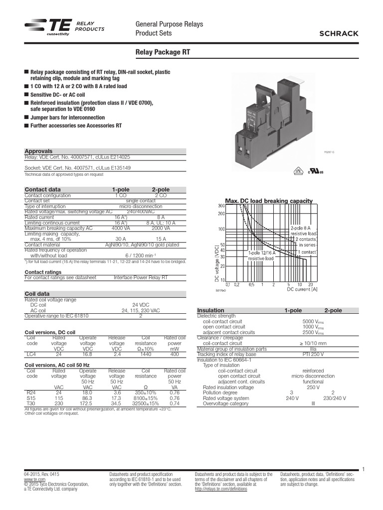 Schrack RT 424 Relay Specifications | PDF | Relay | Inductor