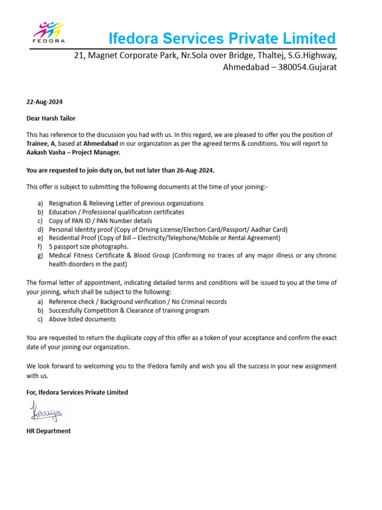 Offer Letter - Harsh Tailor - Trainee - 22-Aug-2024 | PDF | Payments ...