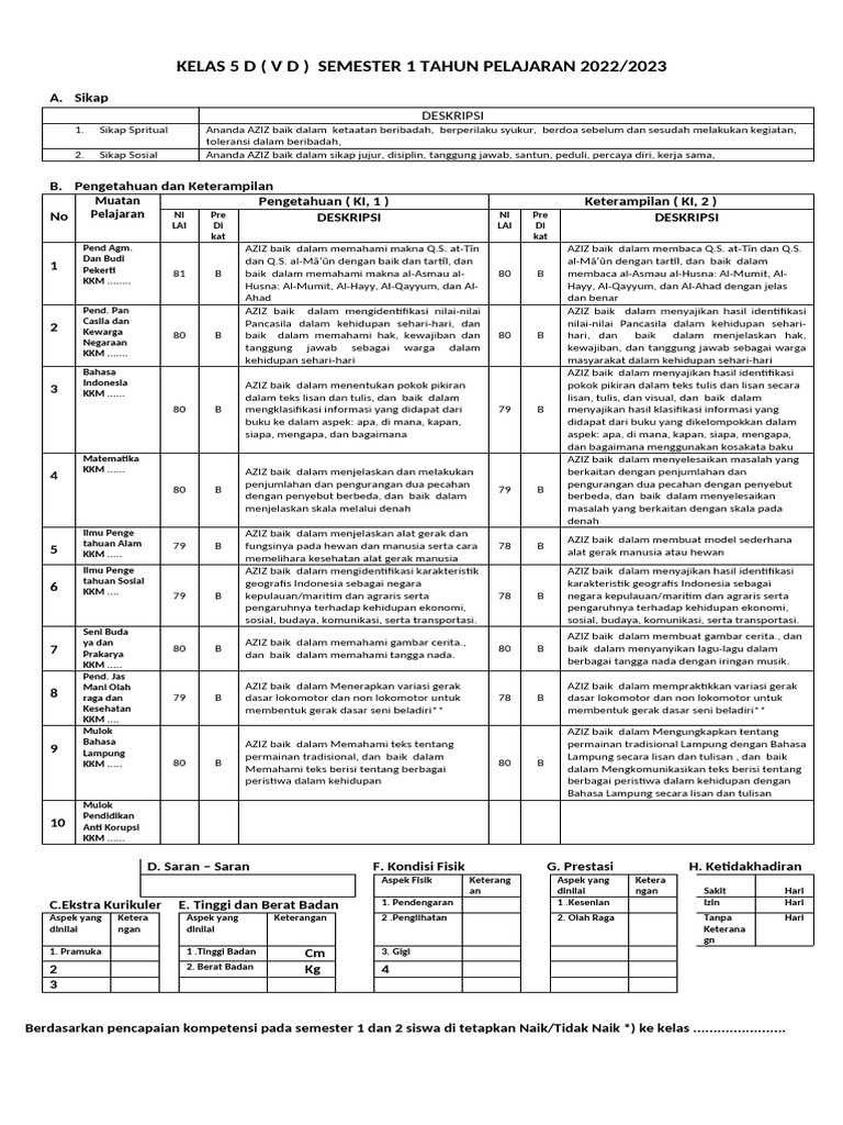Buku Induk Kelas 5d SMSTR 1 2022-2023 | PDF
