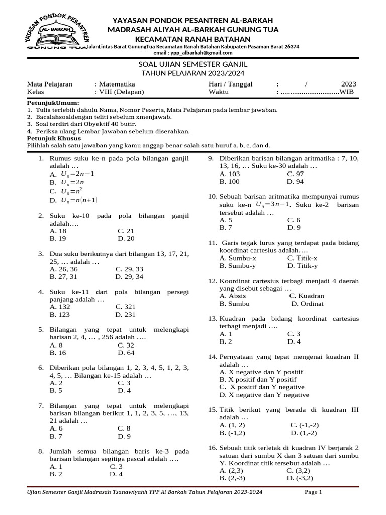 Soal MTK Kelas Viii S.ganjil | PDF