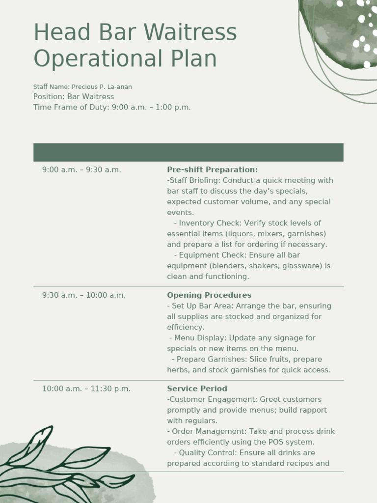 Bar Waitress Operational Plan Guide | PDF | Menu | Point Of Sale