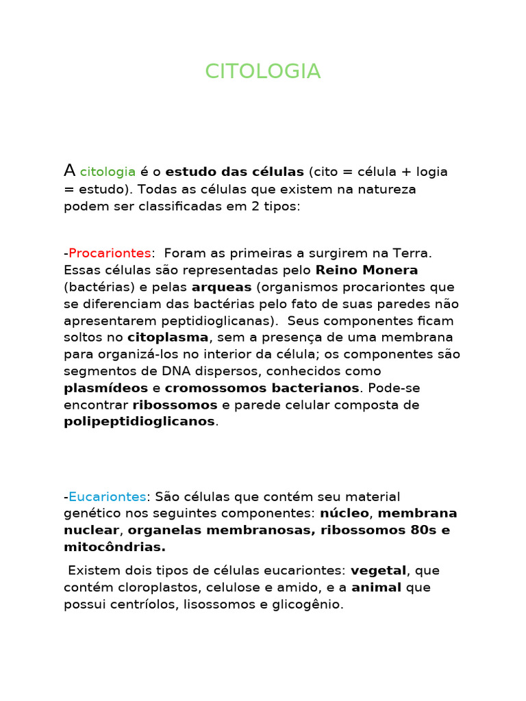 Citologia - Biologia Resumo | PDF | Célula (Biologia) | Retículo ...
