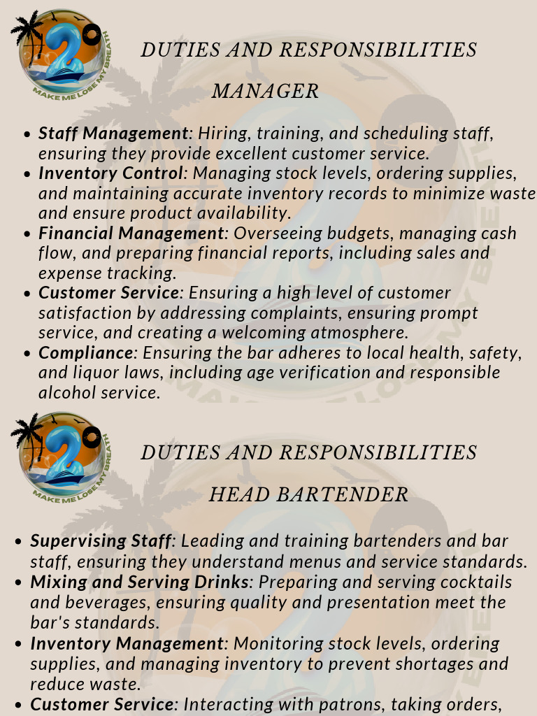 Bar Staff Duties and Responsibilities | PDF | Bartender | Waiting Staff