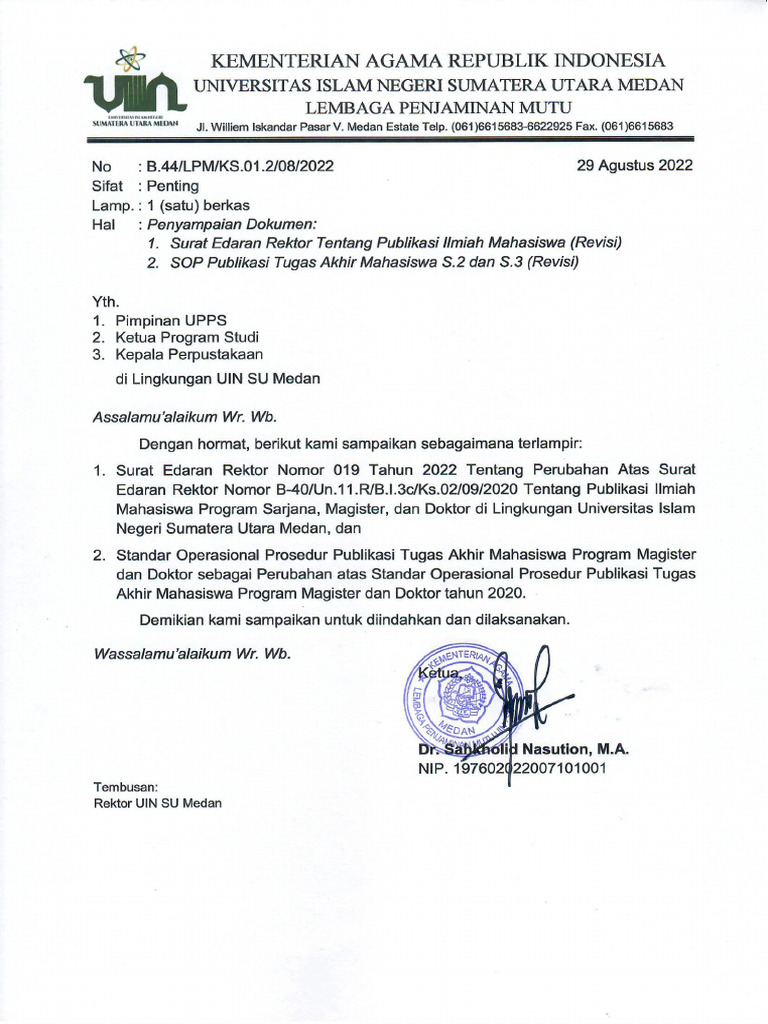 SURAT LPM - Penyampaian SE Dan SOP Publikasi TA Mhs S.2 Dan S.3 + Lampiran | PDF | Sains ...
