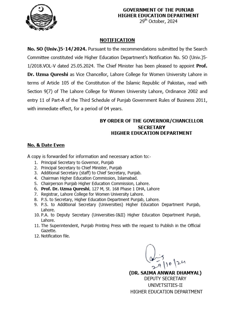 Appointment of New VC at LCWU | PDF