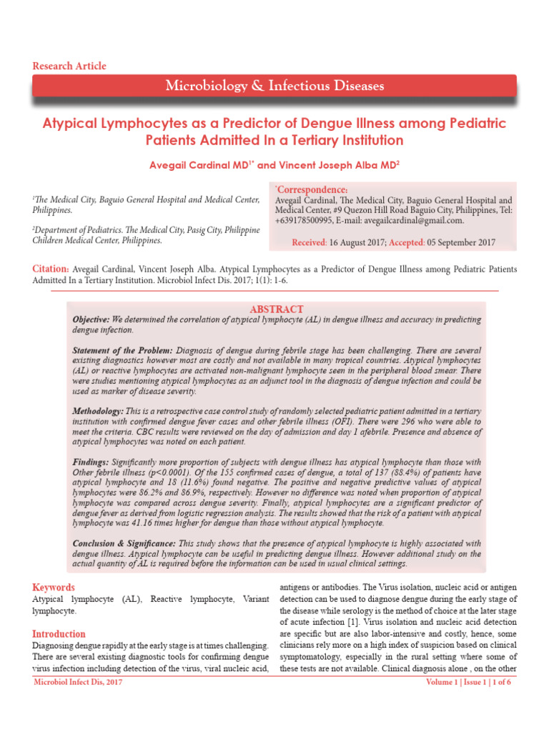Atypical Lymphocytes As A Predictor of Dengue Illness Among Pediatric ...