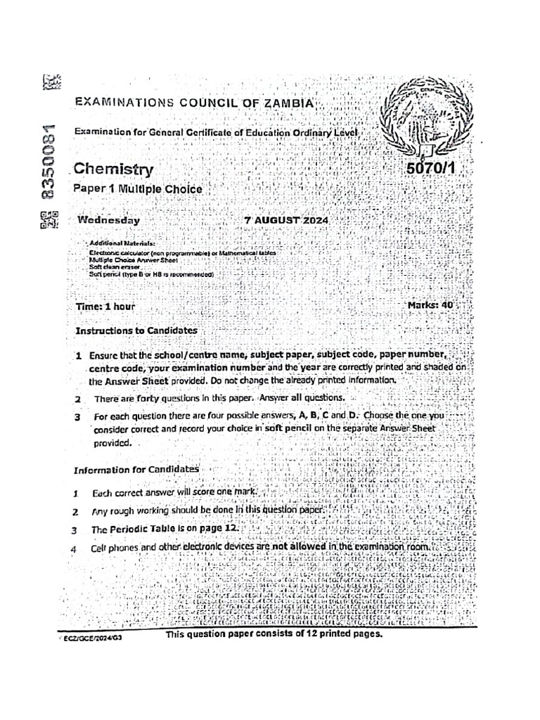Chemistry 5070 P1 2024 GCE QP | PDF