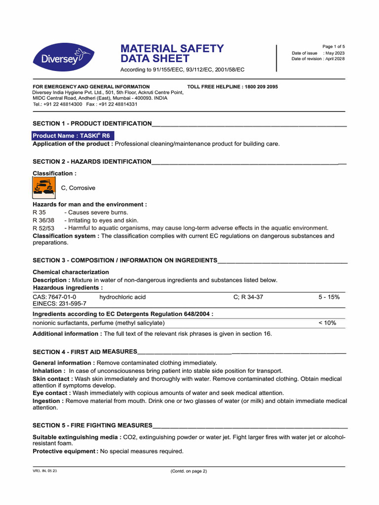 MSDS - Taski R6 | PDF | Occupational Safety And Health | Chemistry