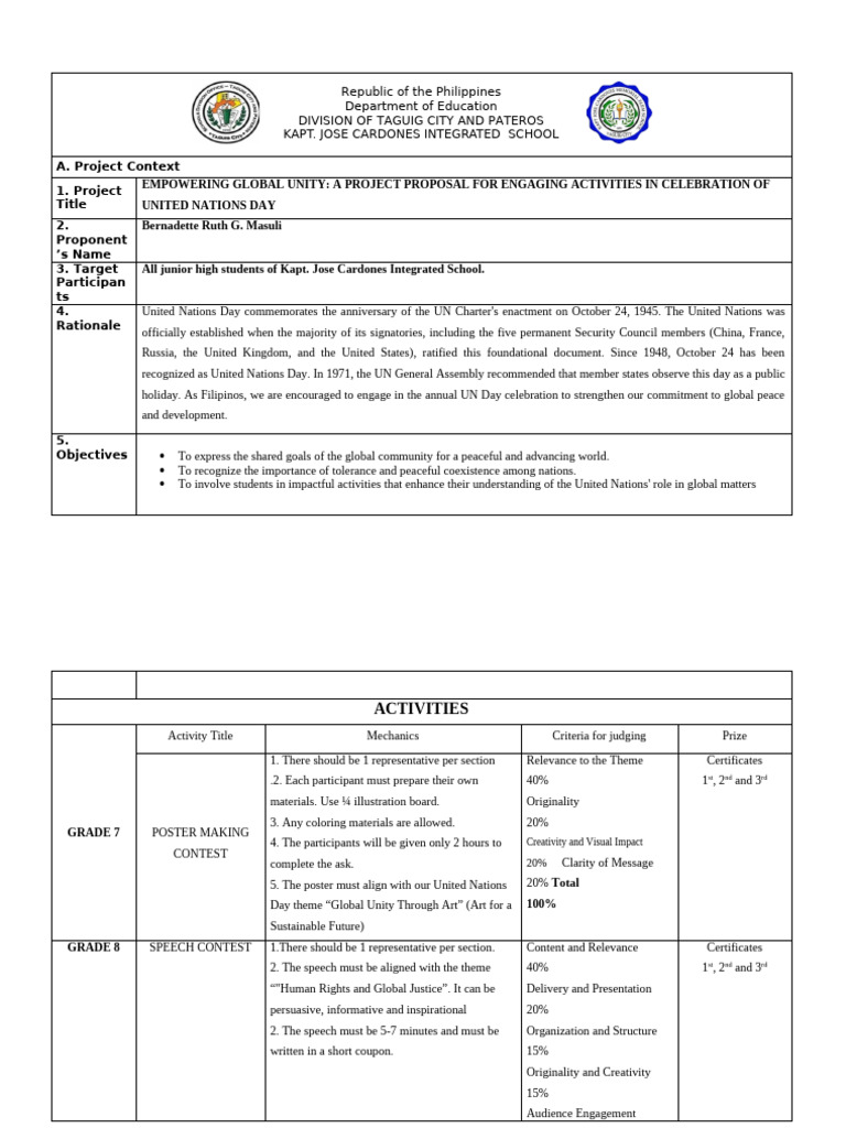 UN Day Celebration Project Proposal | PDF | United Nations ...