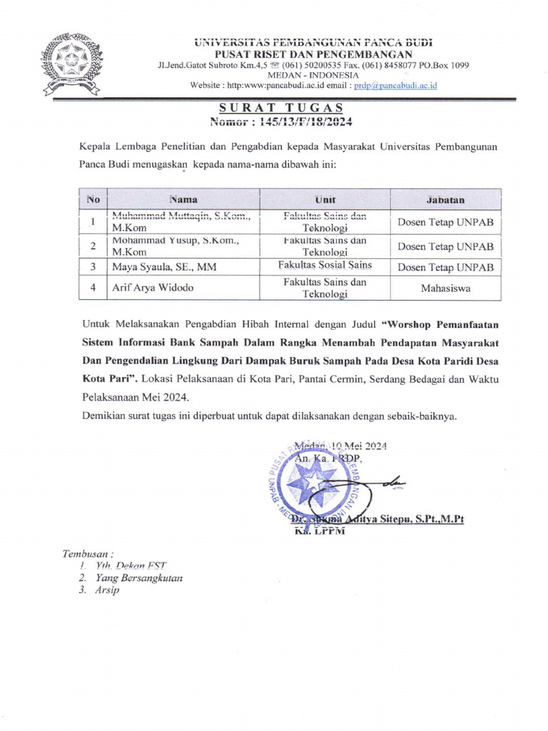 Surat Tugas Pengabdian Hibah Internal - Muhammad Muttaqin | PDF