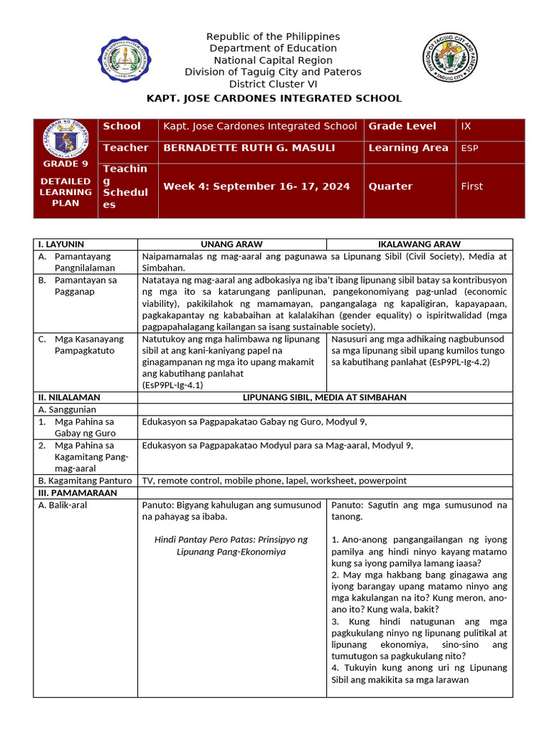 DLP ESP - Week 4. Q1 - Lipunang Sibil, Media at Simbahan | PDF