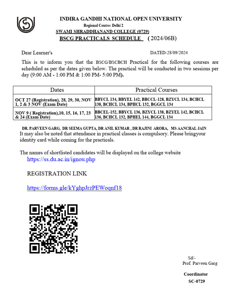 BSCG Practical Schedule 2024 | PDF