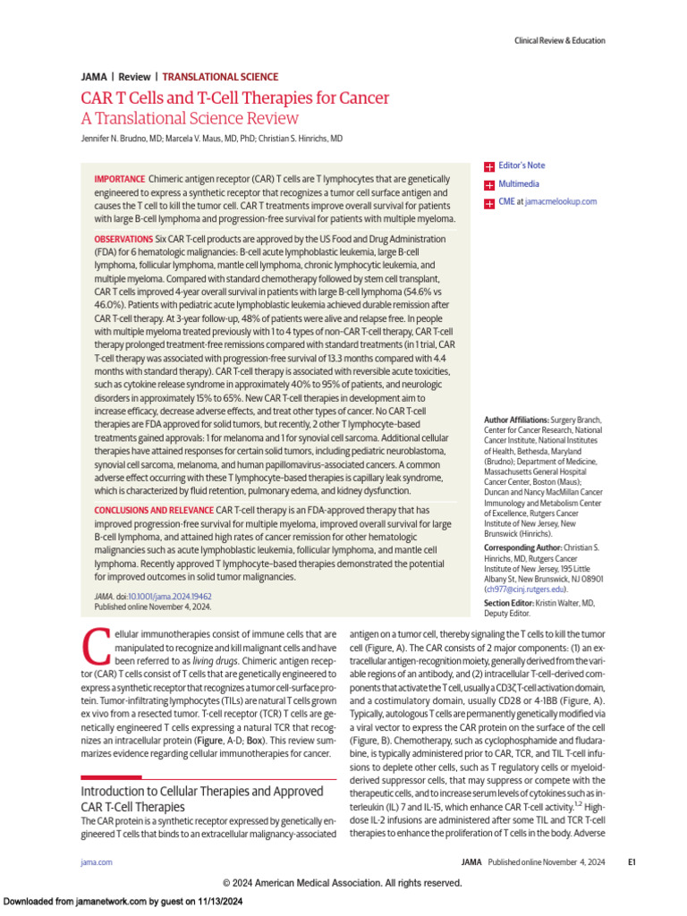 2024 - JAMA - CAR T Cells and T-Cell Therapies For Cancer | PDF | T Cell | Lymphoma
