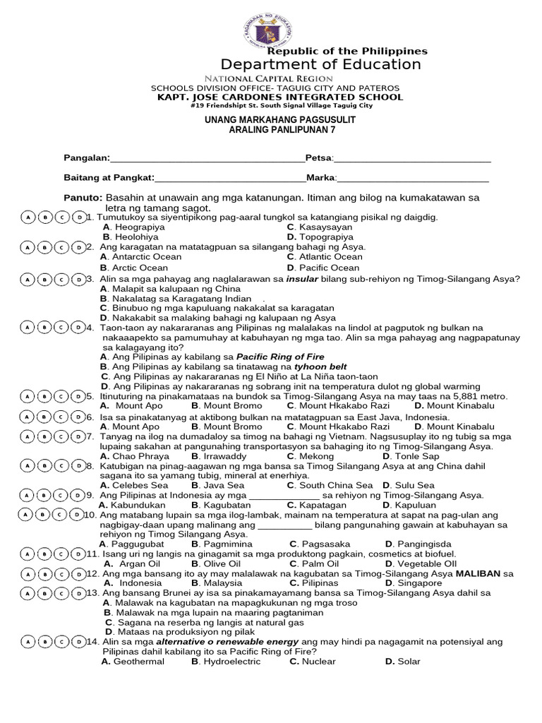 GRADE 7 Q1 TEST 2024-2025 Araling Panlipunan | PDF