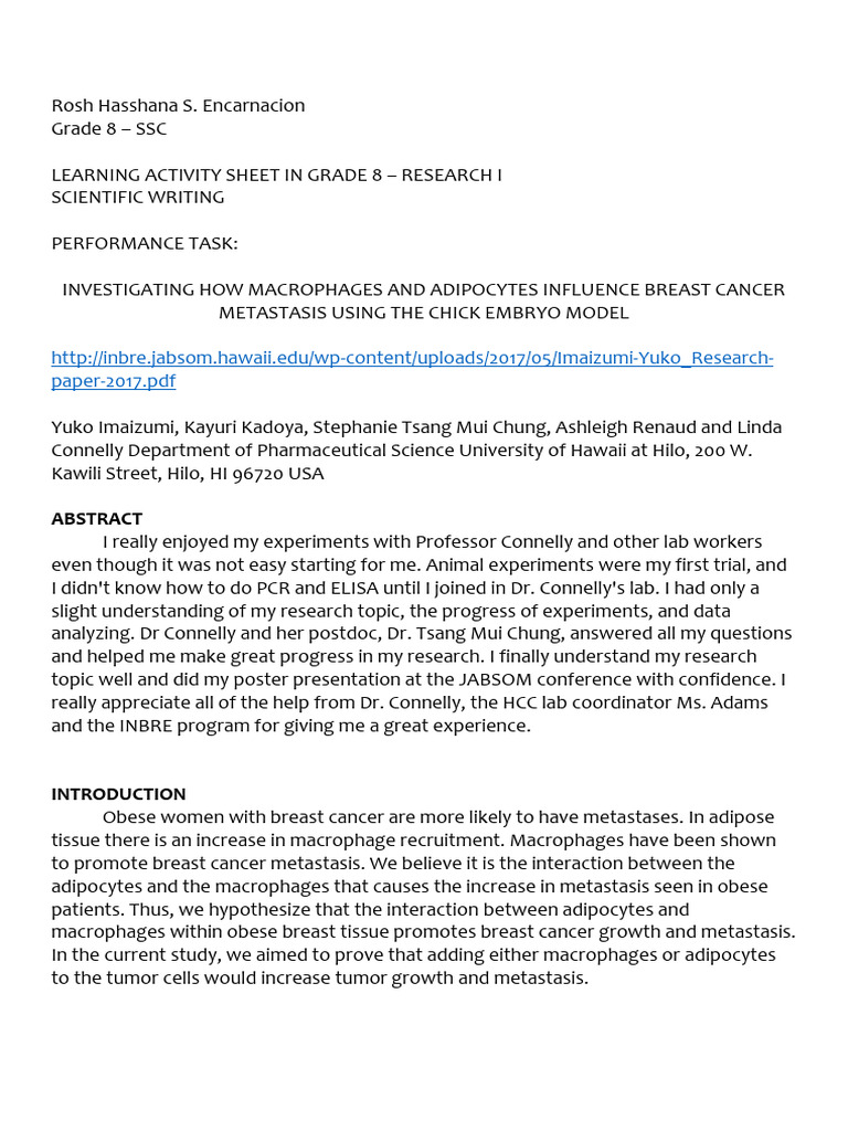 Learning Activity Sheet Research 1 | PDF | Metastasis | Methodology