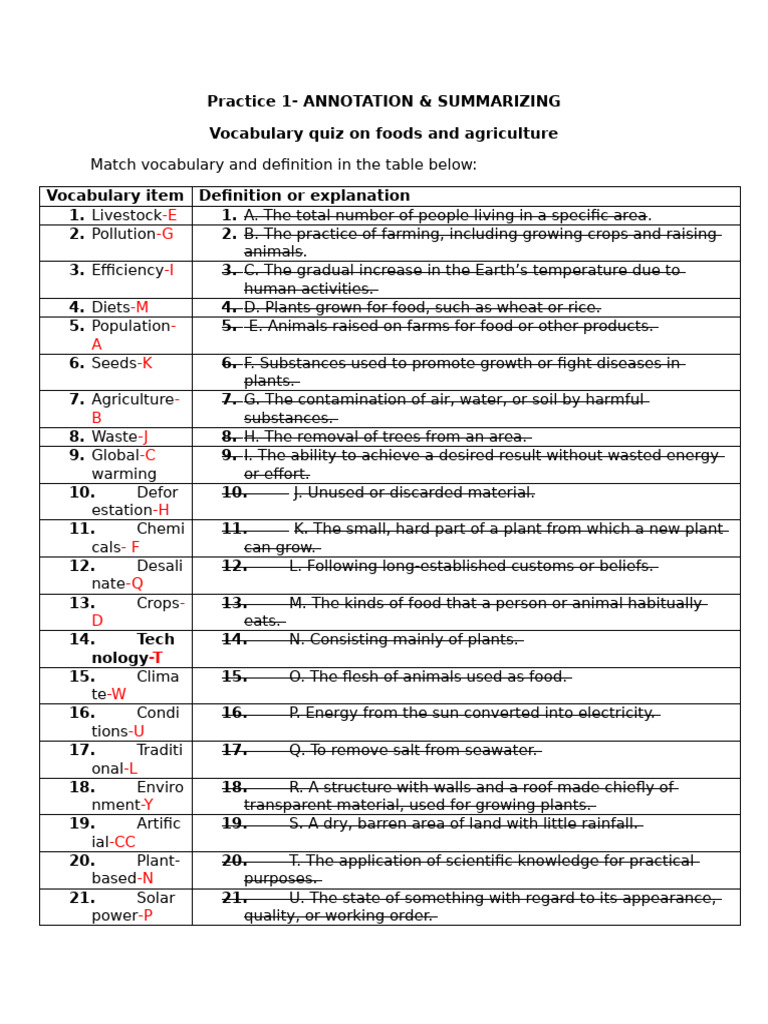 Vocabulary Quiz: Foods & Agriculture | PDF | Agriculture | Plants