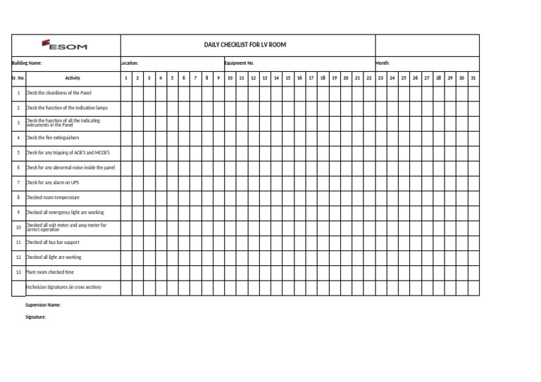 Daily Check List For LV Room | PDF