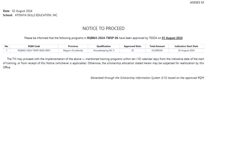 Notice To Proceed RQM Number - RQM43-2024-TWSP-06 | PDF | Finance ...