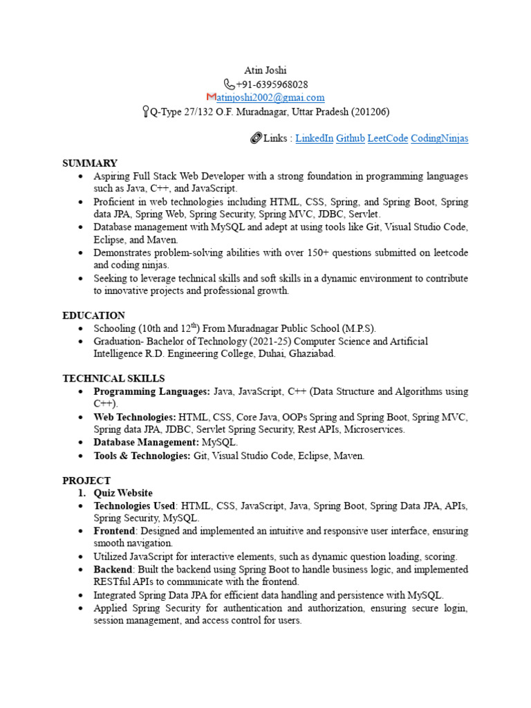Atin Joshi Resume | PDF | Java (Programming Language) | My Sql
