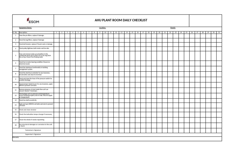 Daily Inspection For FAHU Plant Room | PDF