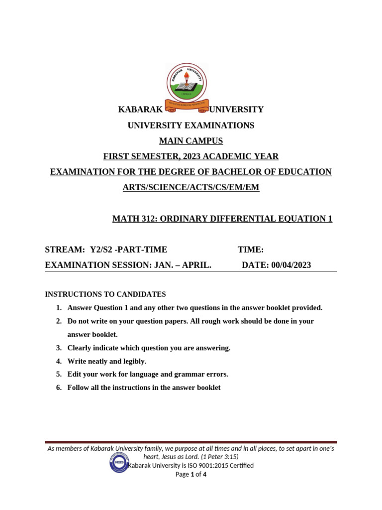 MATH 312: Differential Equations Exam | PDF | Equations | Subtraction