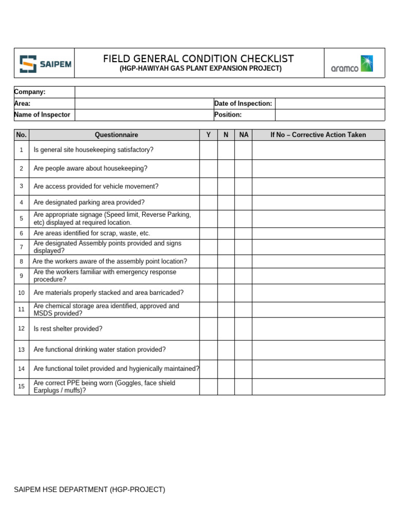 Field General Condition Checklist | PDF | Science & Mathematics