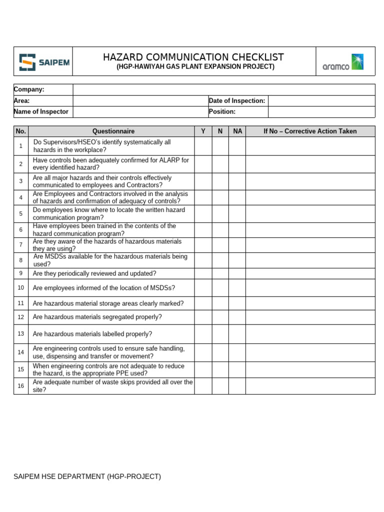 Hazard Communication Checklist | PDF