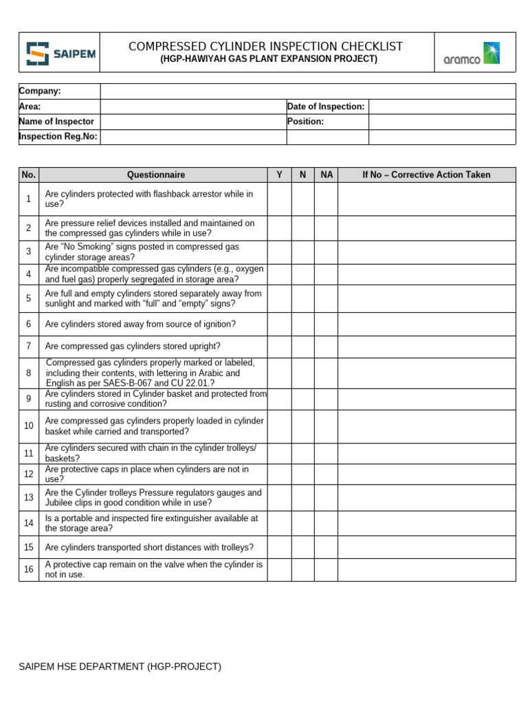 Compressed Cylinder Safety Checklist | PDF