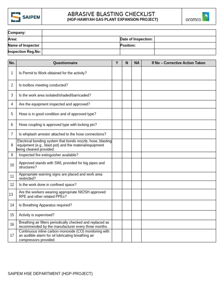 Abrasive Blasting Safety Checklist | PDF