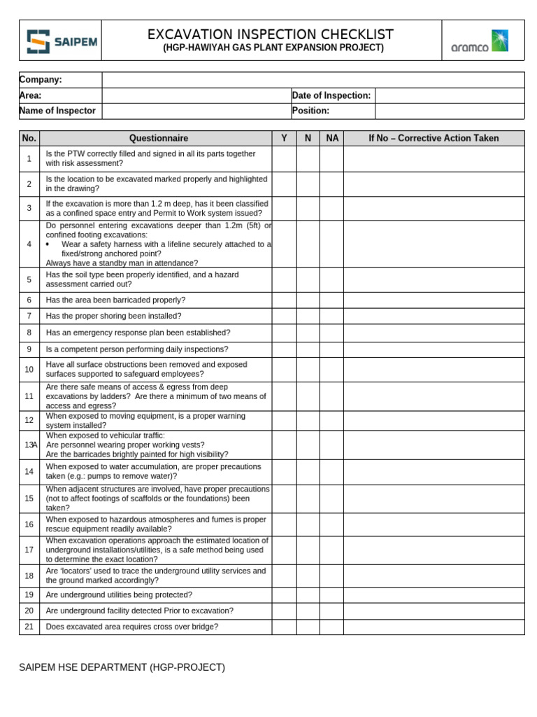 Excavation Inspection Checklist | PDF | Occupational Safety And Health ...