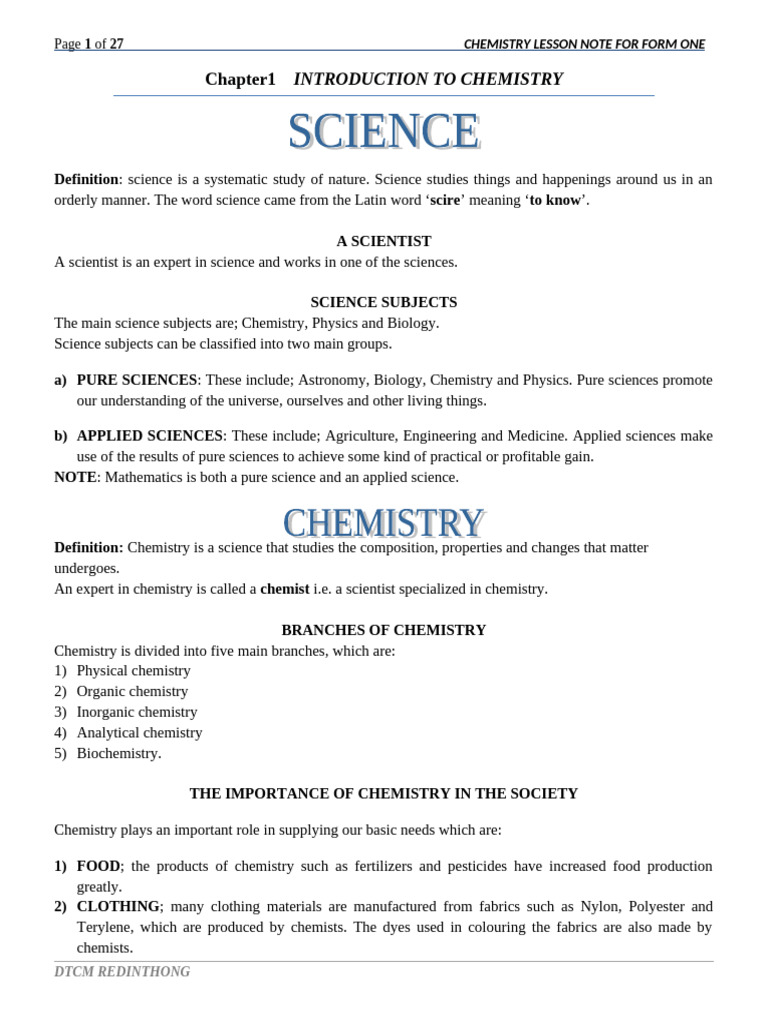 Chemistry Lesson Notes For Form One | PDF | Mixture | Water Purification