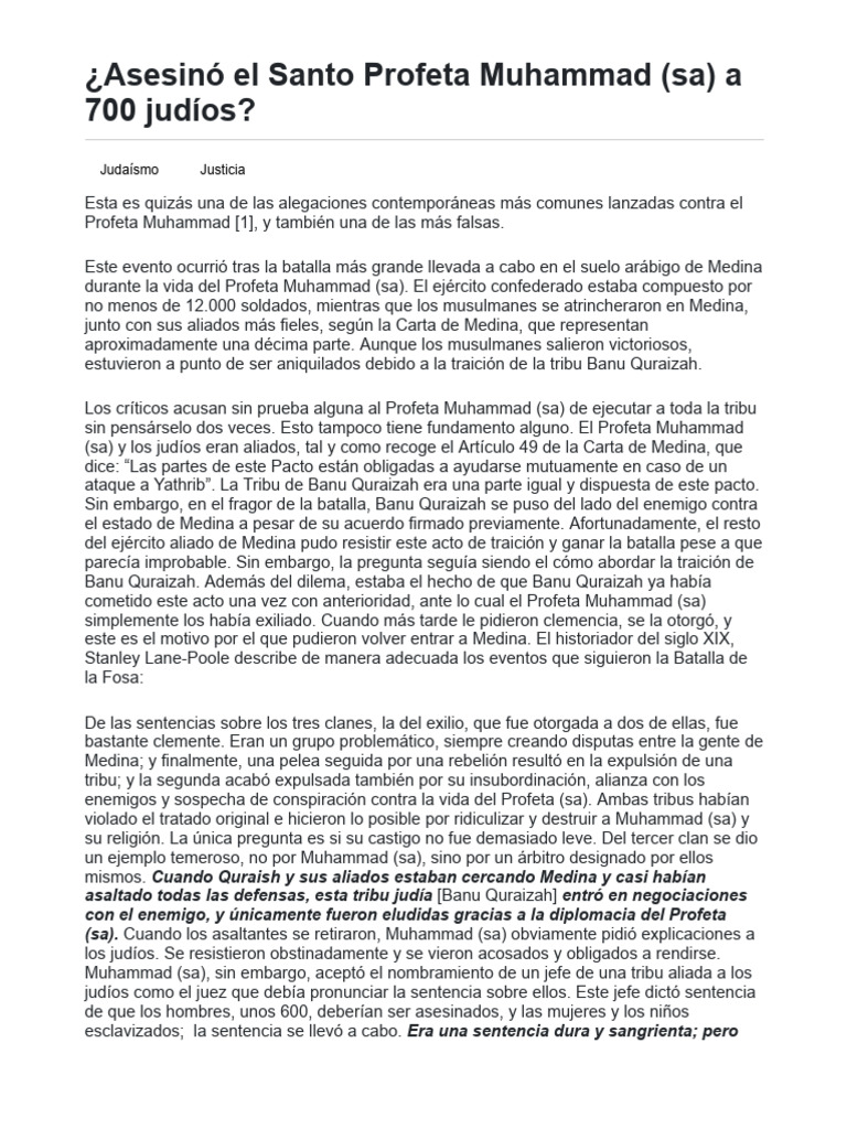 ¿Asesinó El Santo Profeta Muhammad (Sa) A 700 Judíos | PDF | Mahoma ...