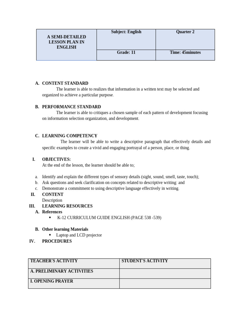 A Detailed Lesson Plan in English Grade 11 | PDF | Lesson Plan | Sky