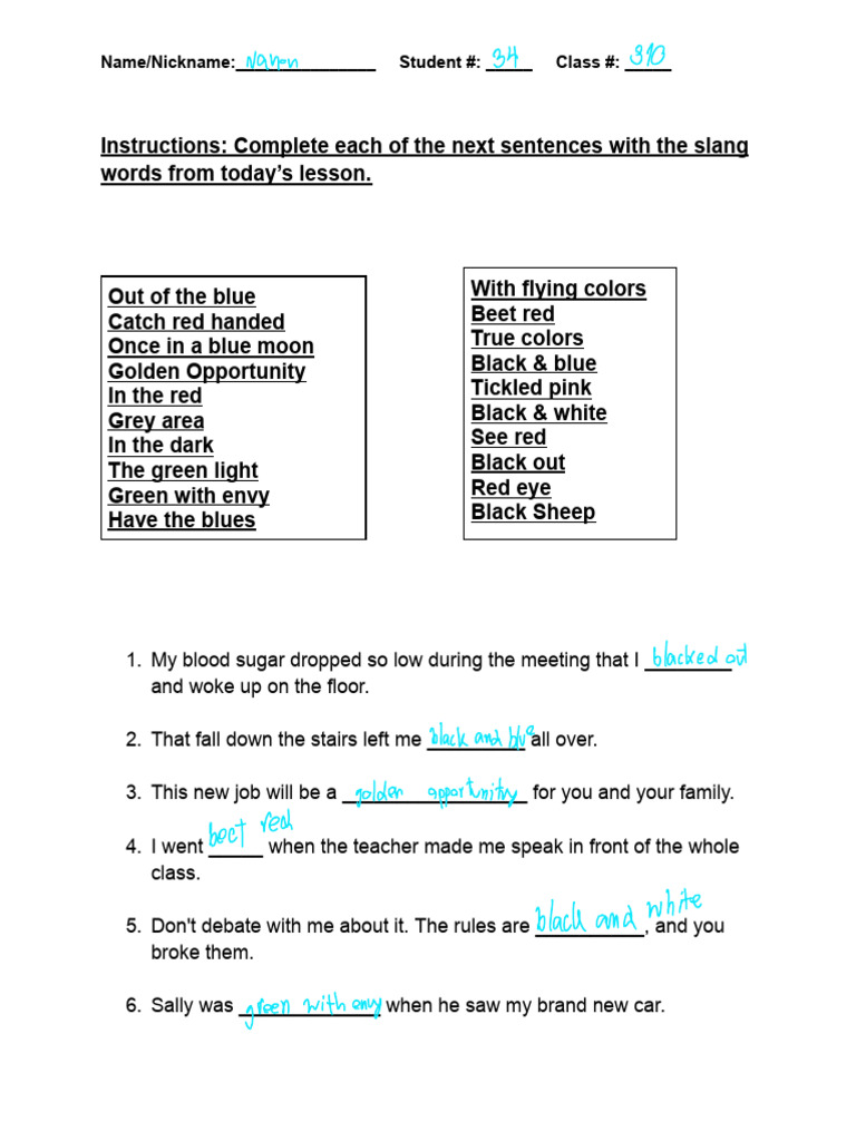 (Updated) Color Idioms Worksheet | PDF