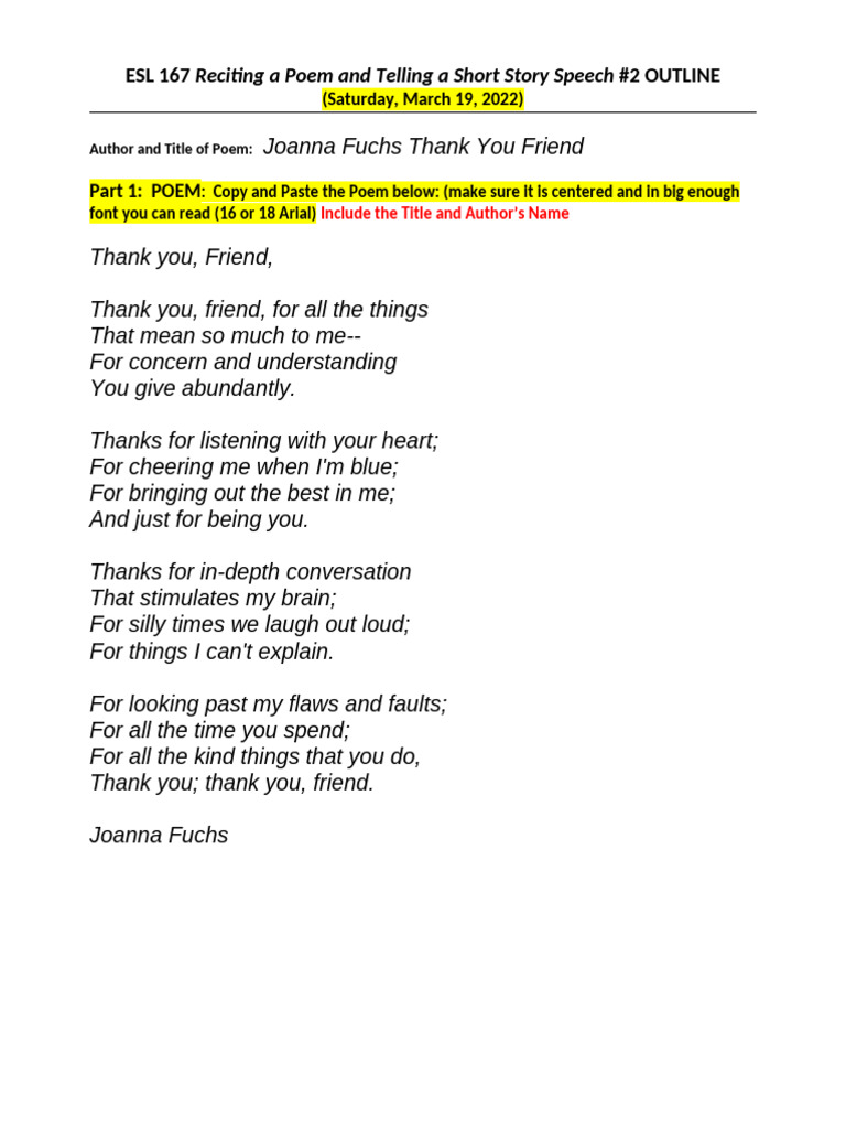 ESL 167 Reciting A Poem and Telling A Short Story Speech OUTLINE - 2022 ...