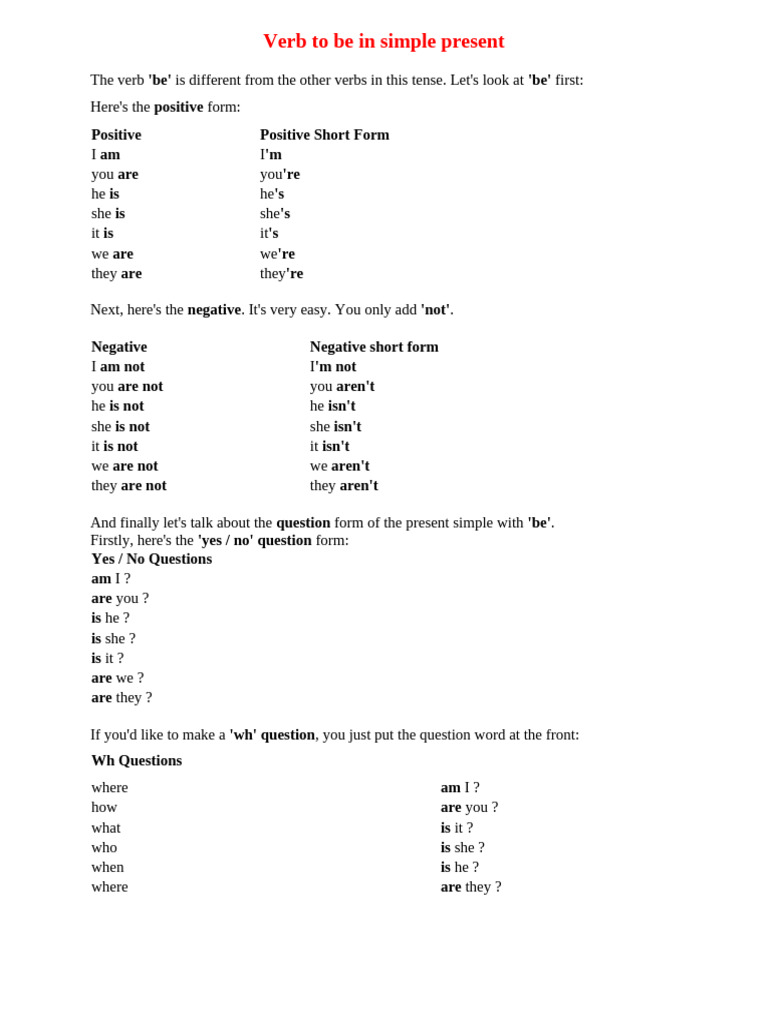Verb To Be in Simple Present | PDF | Question | Semantic Units