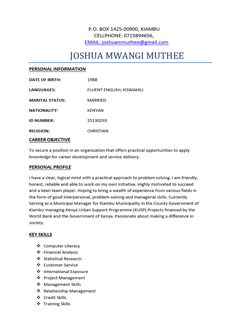 Joshua Mwangi Muthee CV | PDF | Kenya
