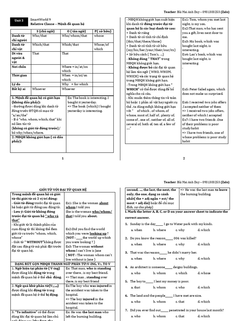 SW9 - Unit 3 - Relative Clause | PDF