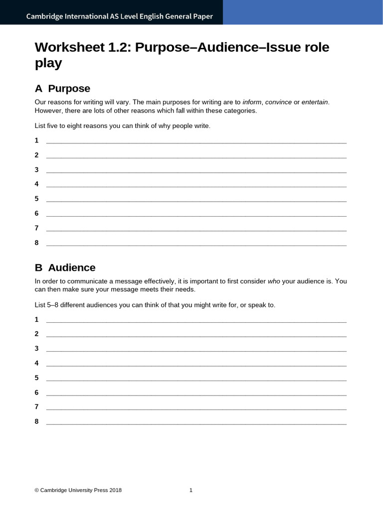 Purpose and Audience Worksheets | PDF | Cognition