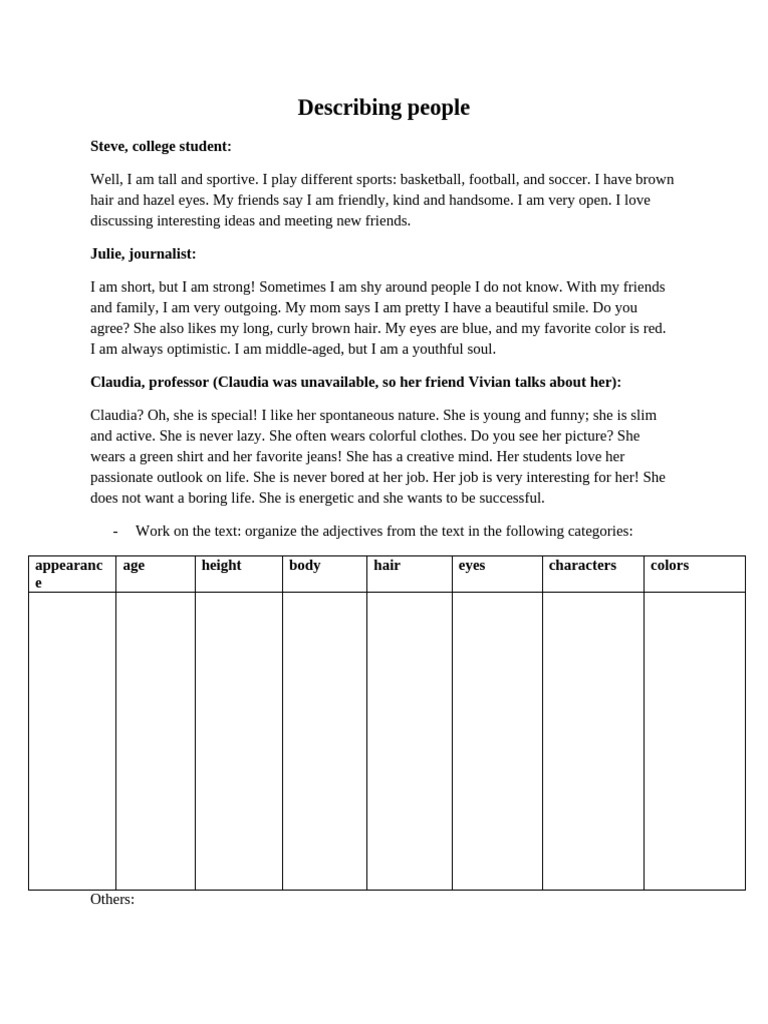 Describing People: Text Examples | PDF | Self-Improvement | Lifestyle