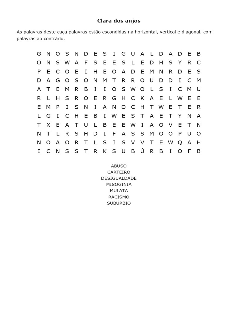 Clara Dos Anjos - Imprimir Caça Palavras | PDF
