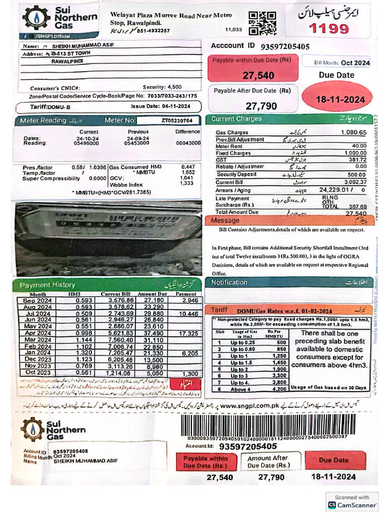 SNGPL Bill Month October, 2024 Rawalpindi | PDF