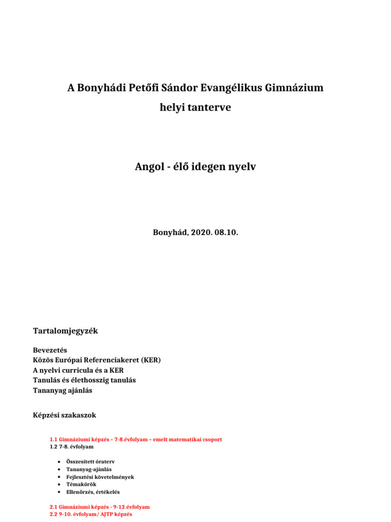 ANGOL Helyi Tanterv V Gleges | PDF