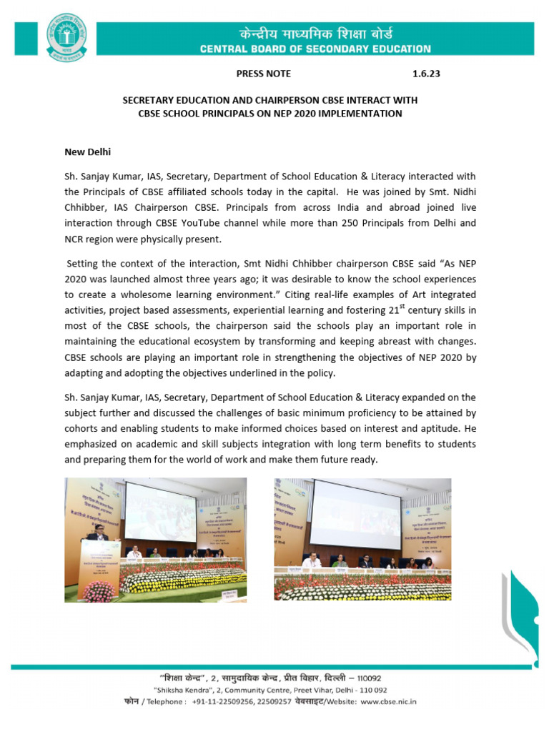Secretary Education Chairperson Cbse Interact Principal 07062023 | PDF ...