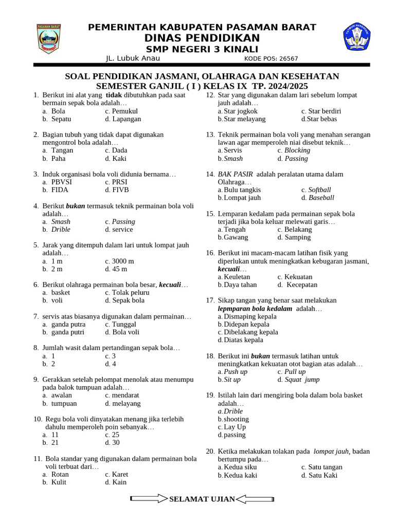 SOAL PJOK (A, B, C) SEMESTER I (GANJIL) Kelas 9 Ta 2024-2025 SMPN 3 ...